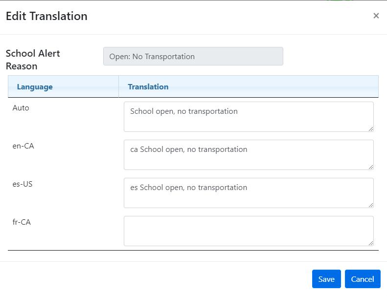 BusPlanner Alerts > Alert Settings > School Alert Reason Manager